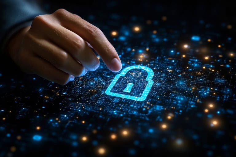 Focus on Digital Security with a Hand Touching a Glowing Lock Symbol ...