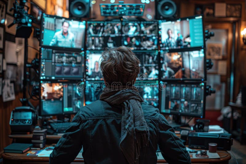 The Work of the Director in Front of the Wall of Monitors Stock Photo ...