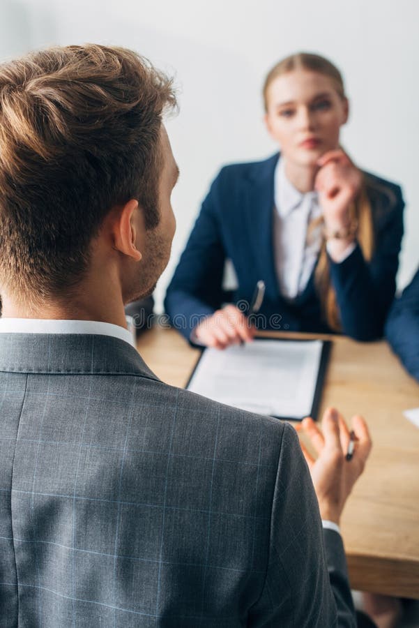 Focus of Employee Looking at Recruiter in Office, Panoramic Shot Stock ...