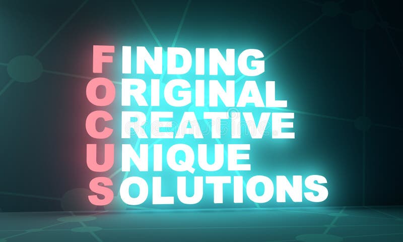FOCUS - Finding Original Creative Unique Solutions Acronym. Neon Shine ...