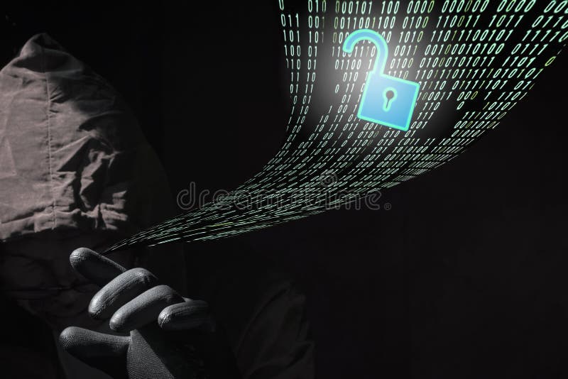 Focus at Hacker`s Hand in Black Glove is Touching with Unlock Security ...