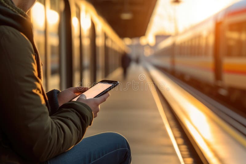 Focus Hand of Human Using Mobile Phone at Railway Station, AI ...