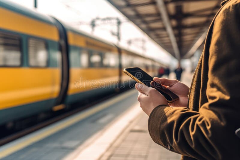 Focus Hand of Human Using Mobile Phone at Railway Station, AI ...
