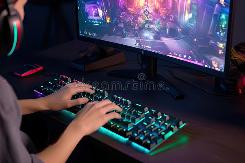 Focus Hands Keyboards Mouse Back View Young Gamer Playing Video Game ...