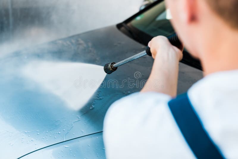 Focus of Man Washing Grey Auto Outside Stock Image - Image of cleaning ...