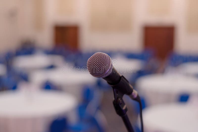 Focus on Microphone in Conference Room or Hall, Prepairing for Business ...