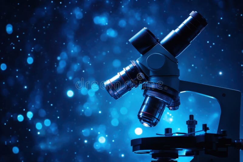 Focus on Microscope in a Blue Themed Laboratory with Sparkling Lights ...