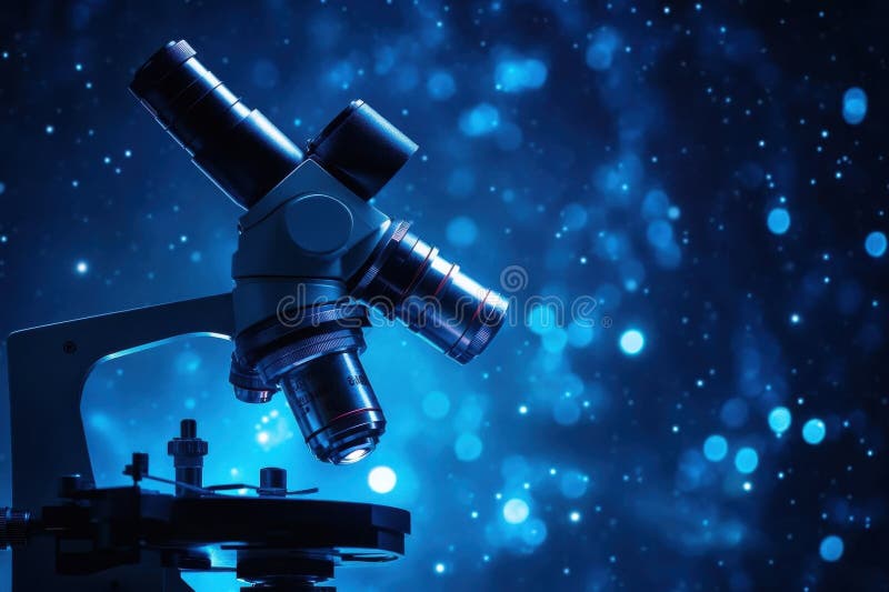 Focus on Microscope in a Blue Themed Laboratory with Sparkling Lights ...