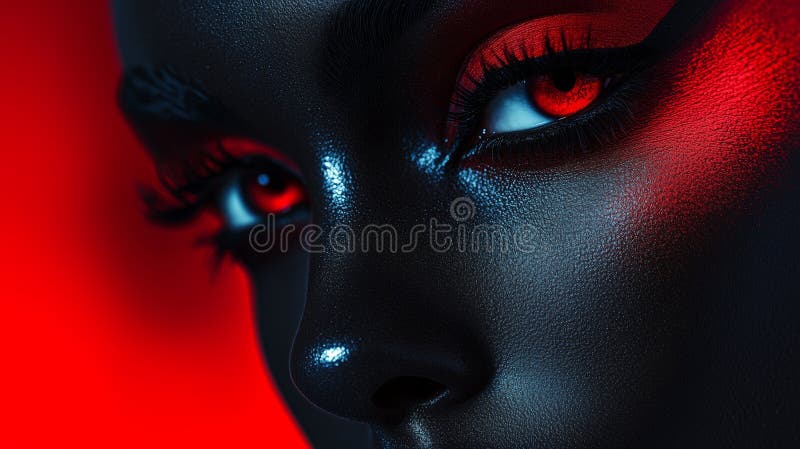 A Close-up of a Model S Striking Face with Bold Red Makeup and a ...