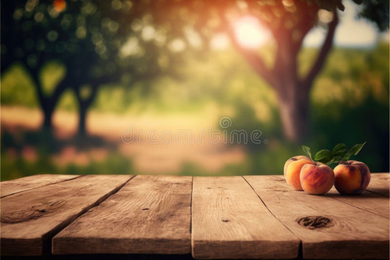 Focus Peach Fruit on the Wood Table with Blurred Peach Tree Background ...