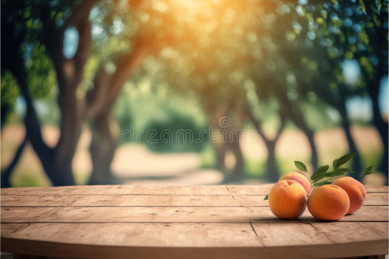 Focus Peach Fruit on the Wood Table with Blurred Peach Tree Background ...