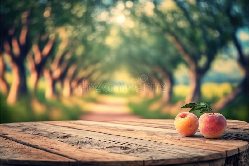 Focus Peach Fruit on the Wood Table with Blurred Peach Tree Background ...
