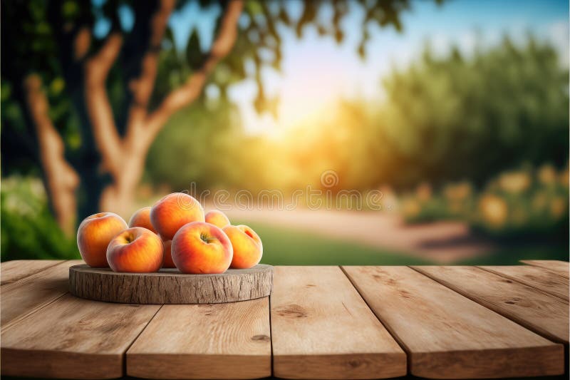 Focus Peach Fruit on the Wood Table with Blurred Peach Tree Background ...