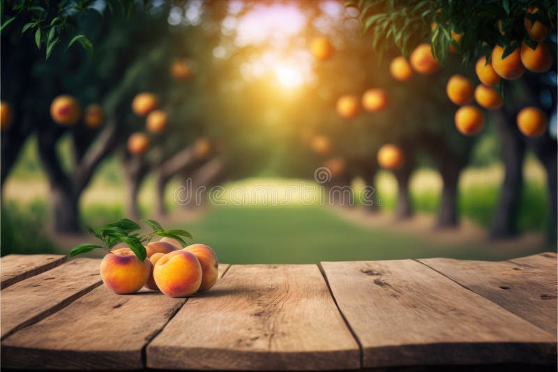 Focus Peach Fruit on the Wood Table with Blurred Peach Tree Background ...