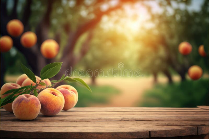 Focus Peach Fruit on the Wood Table with Blurred Peach Tree Background ...