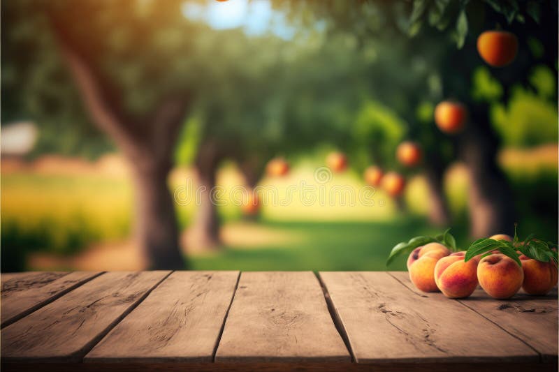 Focus Peach Fruit on the Wood Table with Blurred Peach Tree Background ...