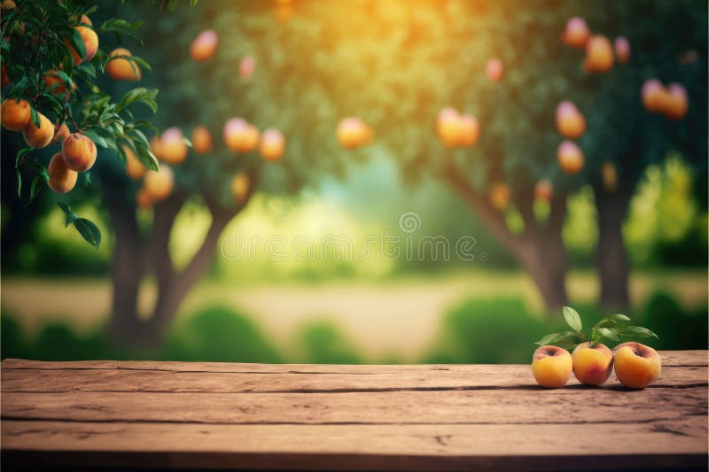 Focus Peach Fruit on the Wood Table with Blurred Peach Tree Background ...
