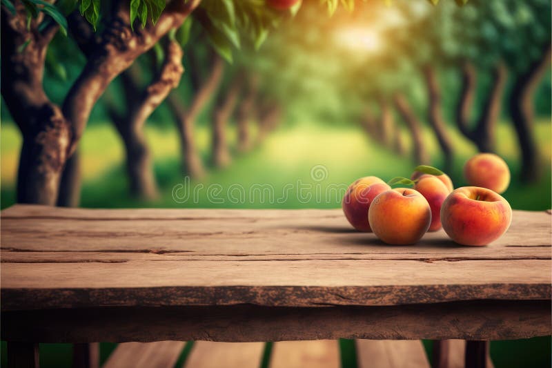 Focus Peach Fruit on the Wood Table with Blurred Peach Tree Background ...