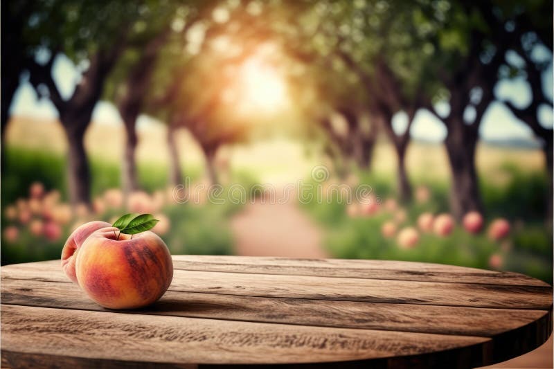 Focus Peach Fruit on the Wood Table with Blurred Peach Tree Background ...