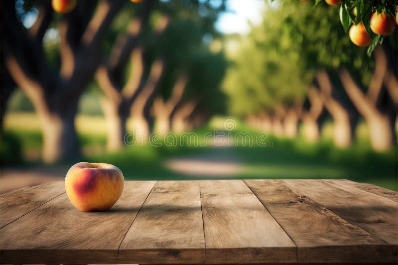 Focus Peach Fruit on the Wood Table with Blurred Peach Tree Background ...