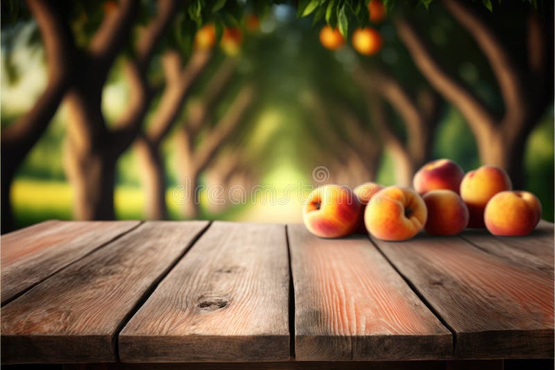 Focus Peach Fruit on the Wood Table with Blurred Peach Tree Background ...