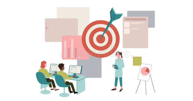 Focus on Problem. Moving Banner with Company Training Employees in ...