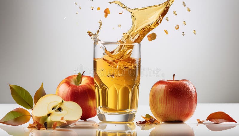 Focus on Realistic Glass with Falling Apple Cider on White Background ...