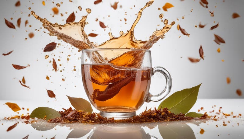 Focus on Realistic Glass with Falling Tea on White Background ...