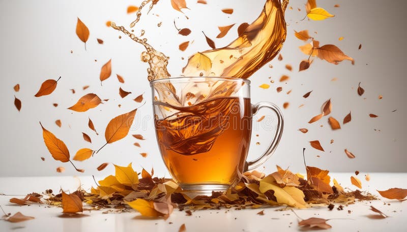Focus on Realistic Glass with Falling Tea on White Background ...