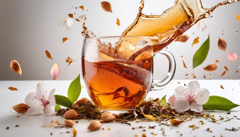 Focus on Realistic Glass with Falling Tea on White Background ...