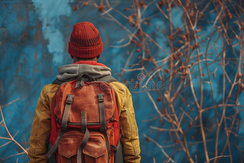 Red-hatted Person Facing a Tree Branch Backdrop Stock Image - Image of ...