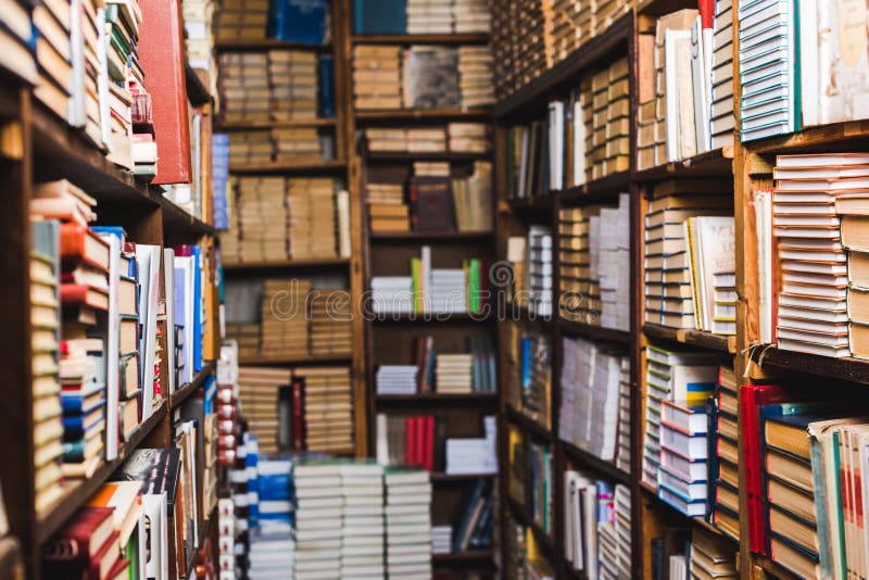 Focus of Retro Books on Shelves in Library Stock Photo - Image of ...