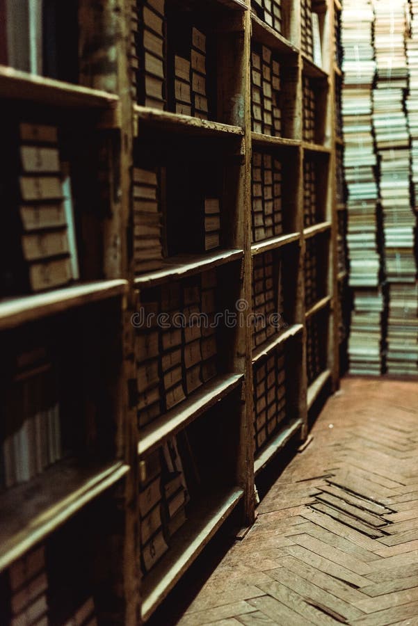 Focus of Retro Books on Wooden Shelves in Library Stock Image - Image ...