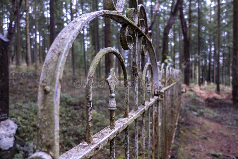 Old Rusted Wrought Iron Fencing Around Family Plot in Cemetery Stock ...
