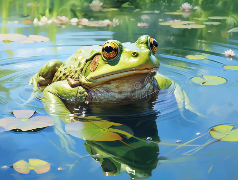A Focus Stack Closeup of a Green Frog Sitting in the Water of a Pond ...