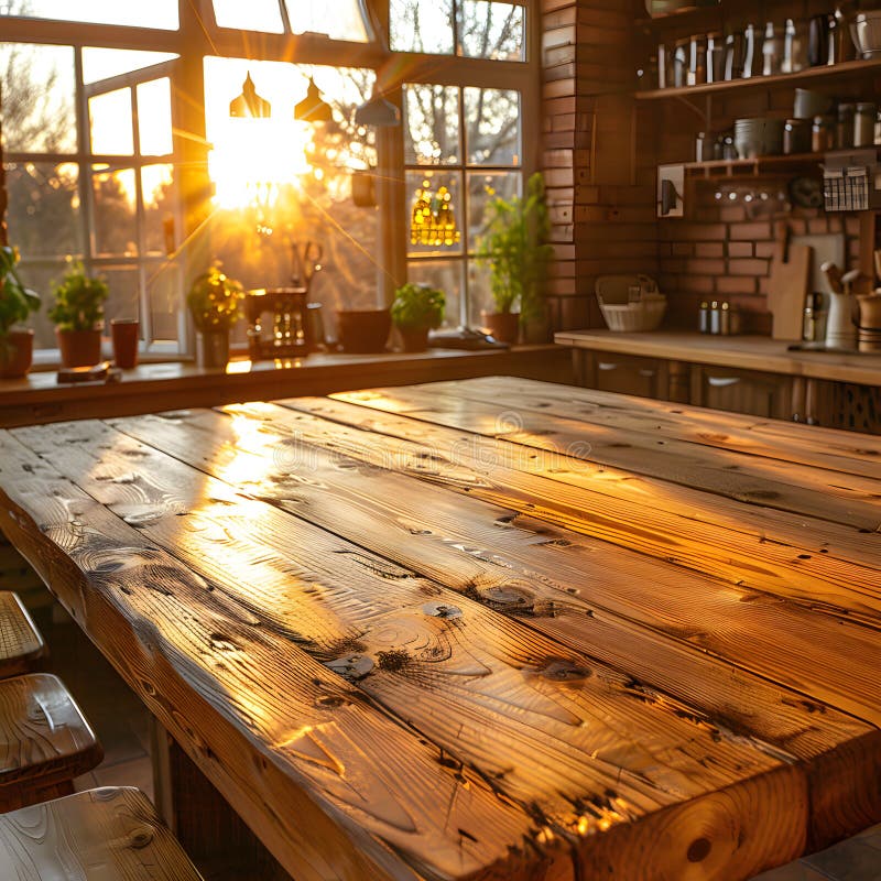 Focus on the Wooden Kitchen Island. Empty Dining Table with Copy Space ...