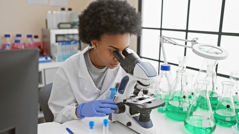 A Focused African American Woman Scientist Using a Microscope in a ...