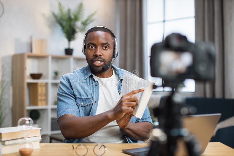 Focused African Man in Headset Recording Video Lesson Stock Photo ...
