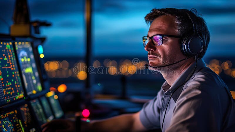 Focused Air Traffic Controller Working at Night Stock Image - Image of ...