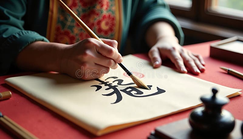 Focused Artist Practicing Calligraphy with Brush, Cultural Expression ...