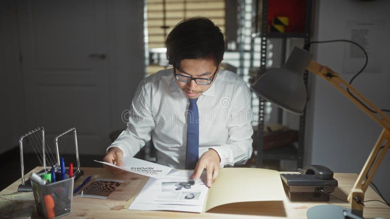 Focused Asian Man Analyzing Forensic Evidence in a Detective S Indoor ...