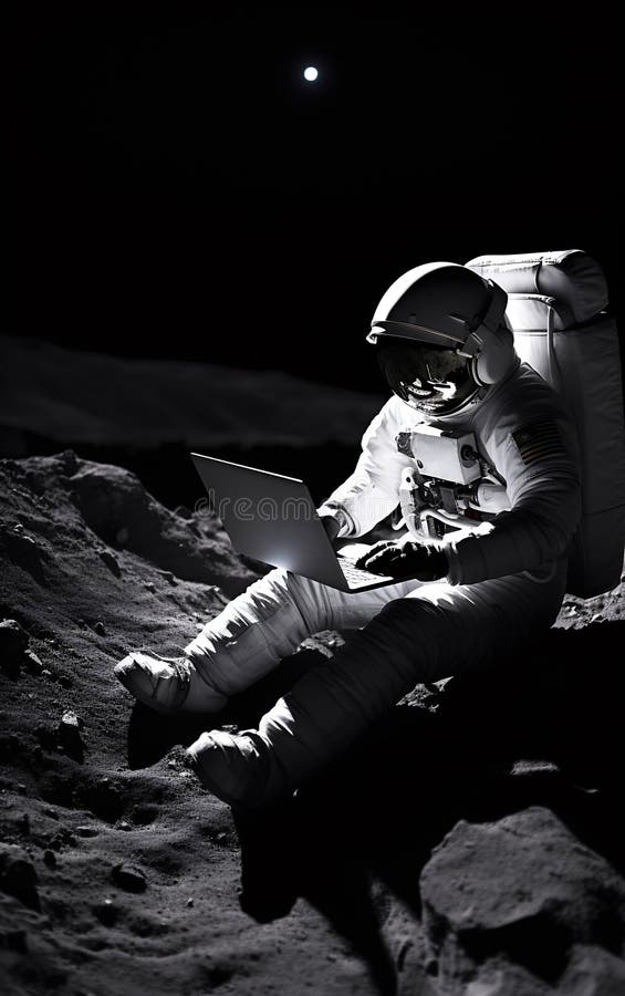 Focused Astronaut Using Laptop Under Moonlight Stock Image - Image of ...