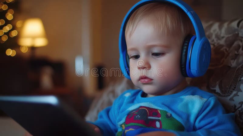 A Focused Baby with Headphones Engages with a Tablet, Exploring ...