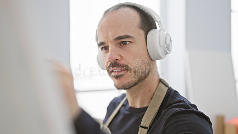 Focused Bald Hispanic Man with Beard Wearing Headphones in a Bright ...