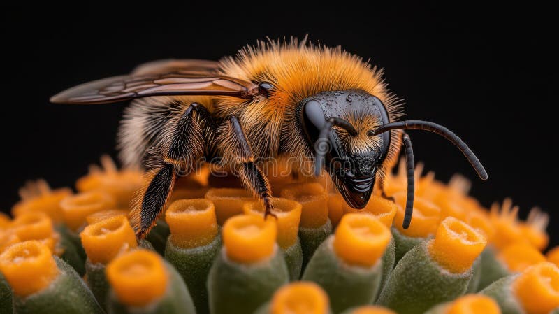 A Focused Bee on a Flower Against a Striking Black Background. Stock ...