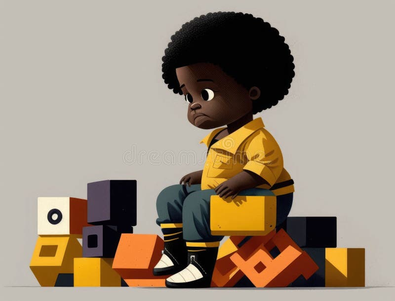 A Focused Black Child Enthusiastically Playing with His Building Blocks ...