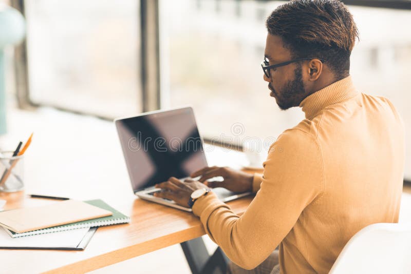 Focused Black Guy Checking Email on Computer Stock Image - Image of ...