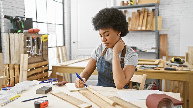 A Focused Black Woman Taking Notes in a Carpentry Workshop with Tools ...