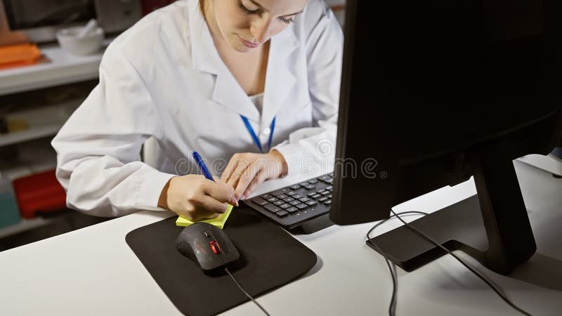 A Focused Blonde Woman in a Lab Coat Works on a Computer in a Clinical ...