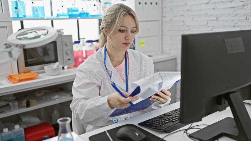 Focused Blonde Woman Scientist Analyzing Documents in a Modern ...